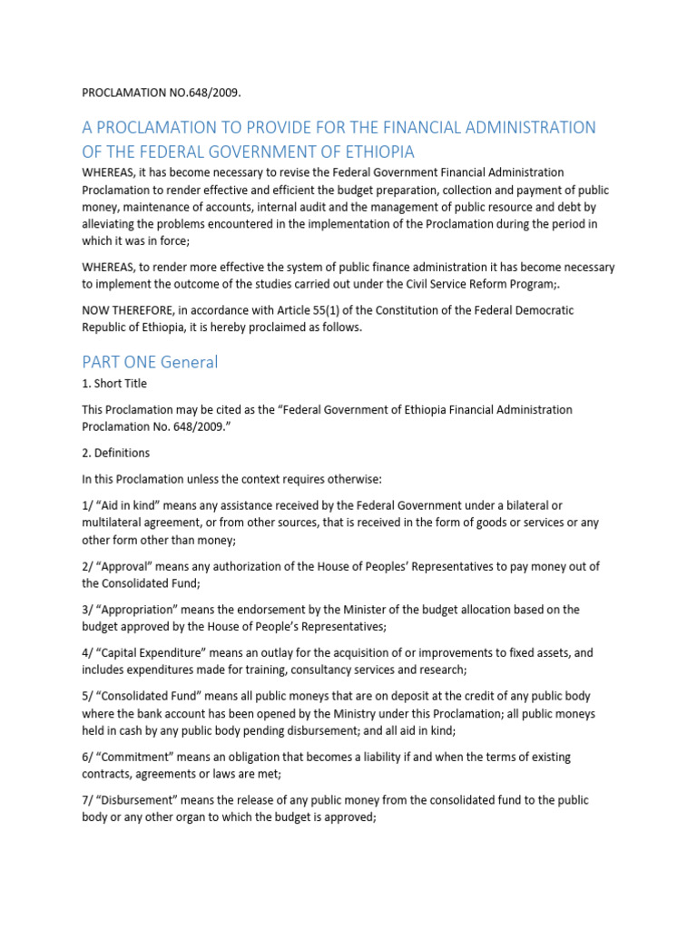 Ethiopia Financial Administration Proclamation | PDF | Loans | Debt