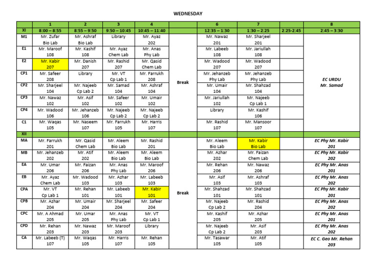Wednesday: XI M1 E1 E2 CP1 CP2 CP3 CP4 C1 XII MA MB EA EB CPA CPB CPC ...