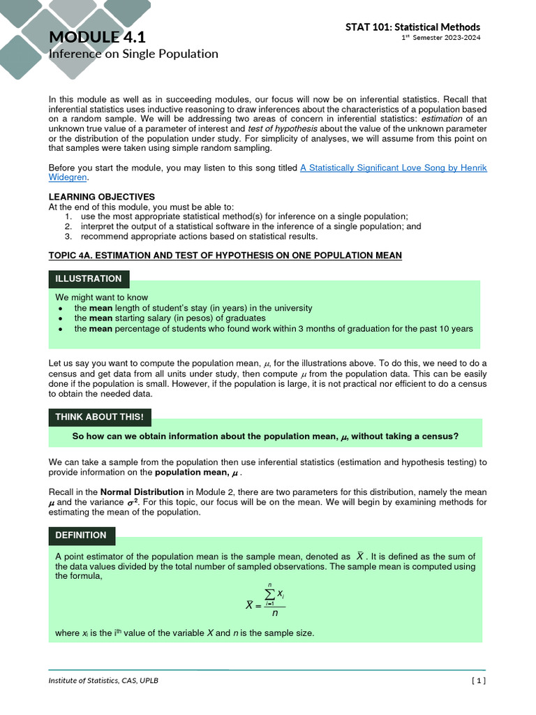 Inference on Single Population | PDF | Estimator | Confidence Interval