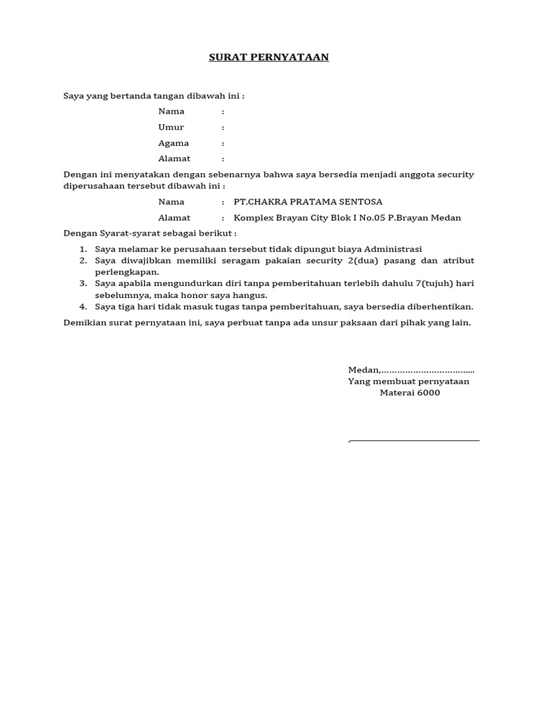 Surat Pernyataan Calon Security | PDF