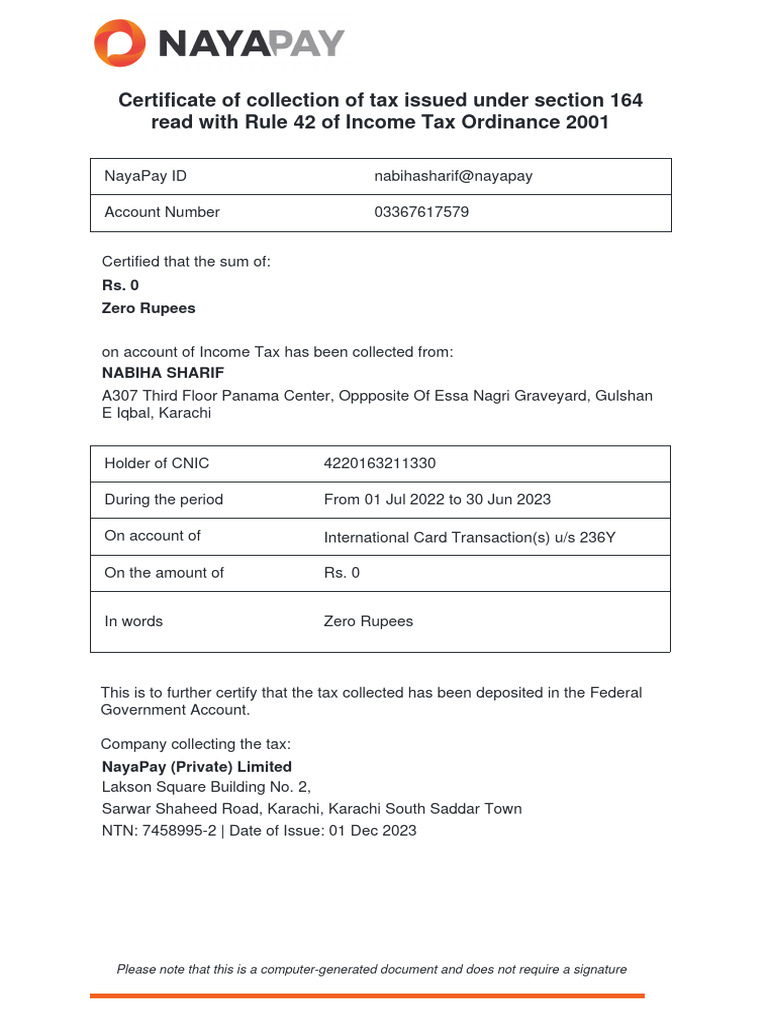 Certificate of Collection of Tax Issued Under Section 164 Read With ...