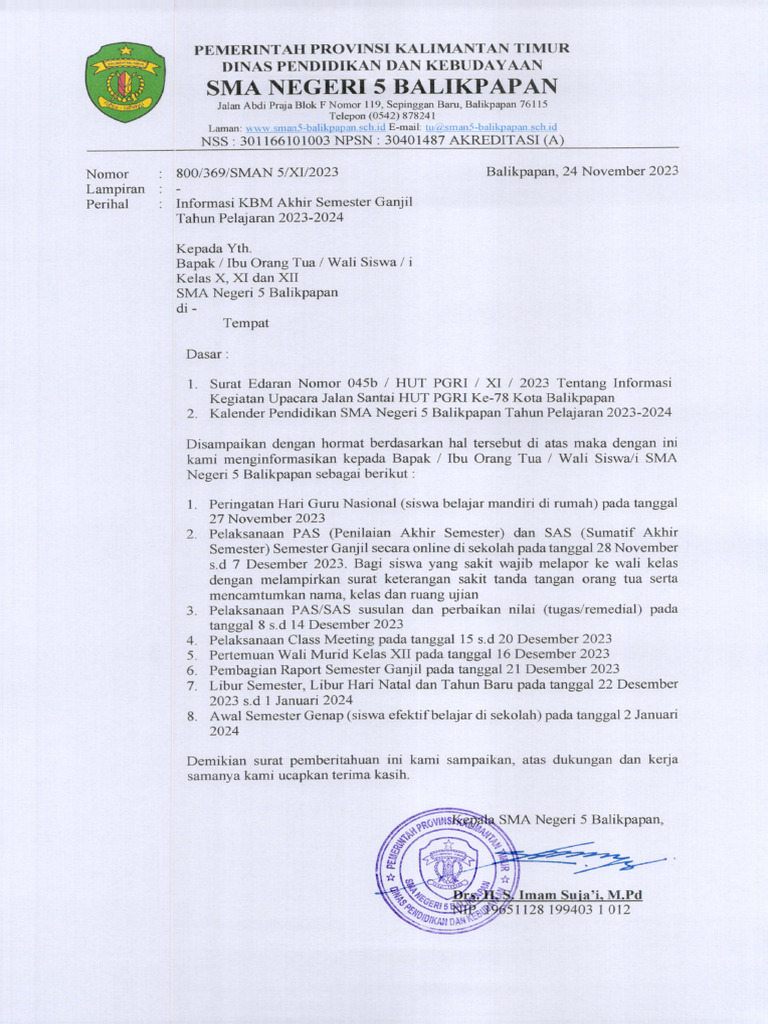 Surat Edaran KBM Akhir Semester Ganjil Tahun Pelajaran 2023-2024 | PDF