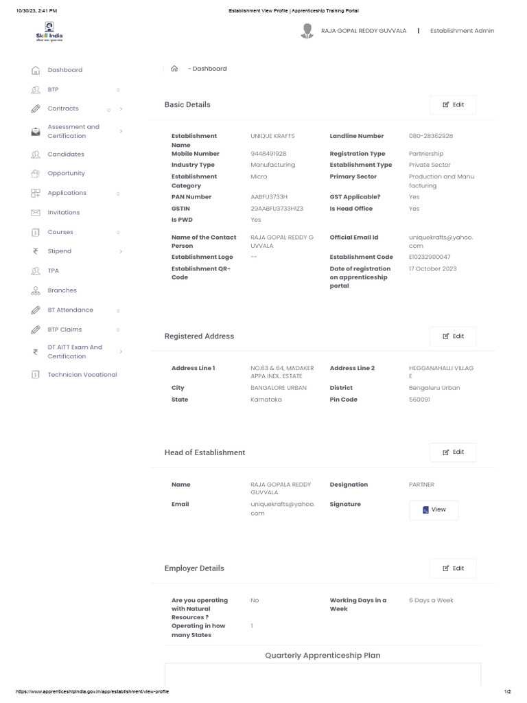 Establishment View Profile - Apprenticeship Training Portal-01 | PDF | Apprenticeship