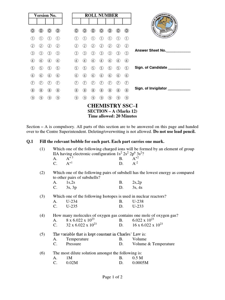 Final SSC-I Chemistry Model Paper | PDF | Atoms | Chemical Bond
