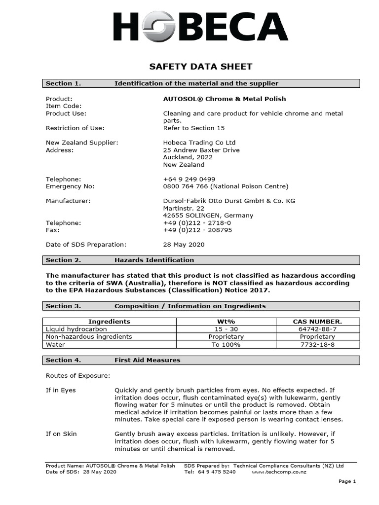 MSDS Autosol Chrome & Metal Polish | PDF | Dangerous Goods | Fires