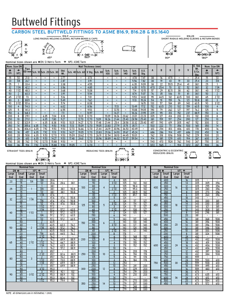 Carbon Steel Buttweld Fittings Chart | PDF