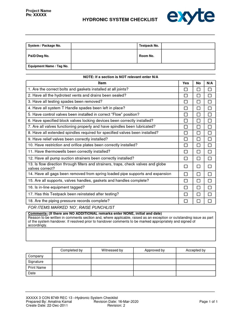 MECH REC13 Hydronic System Checklist | PDF