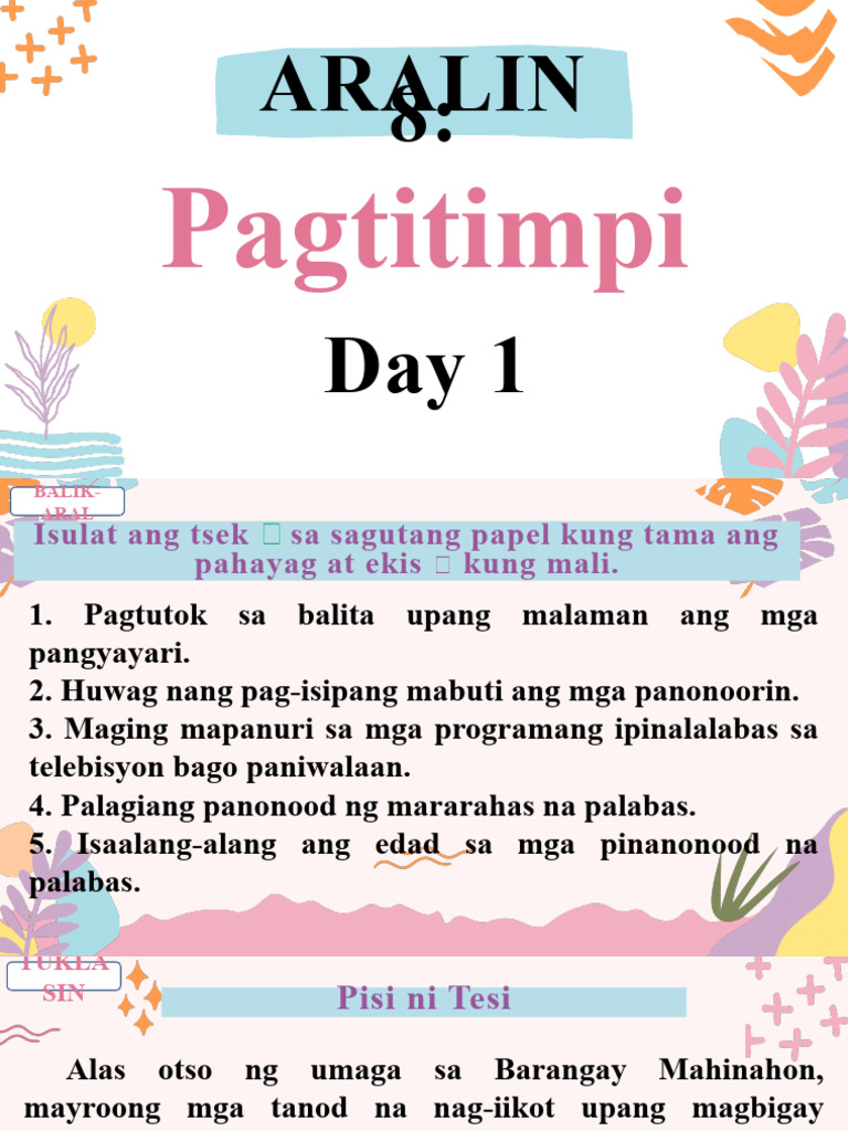 Aralin 8: Day 1: Pagtitimpi | PDF