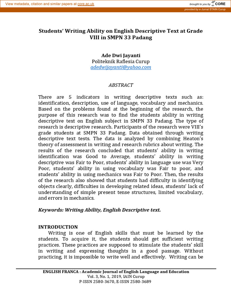 Students' Writing Ability On English Descriptive Text at Grade VIII in ...