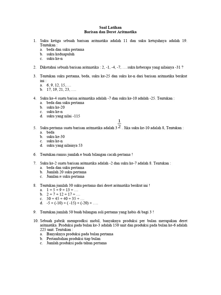 Soal Latihan Barisna Dan Deret Aritmatika | PDF