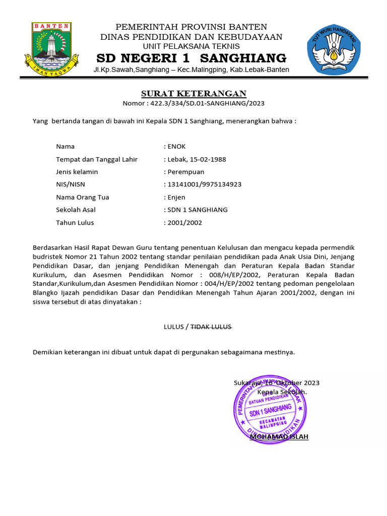 Surat Keterangan Lulus SD 2001/2002 | PDF