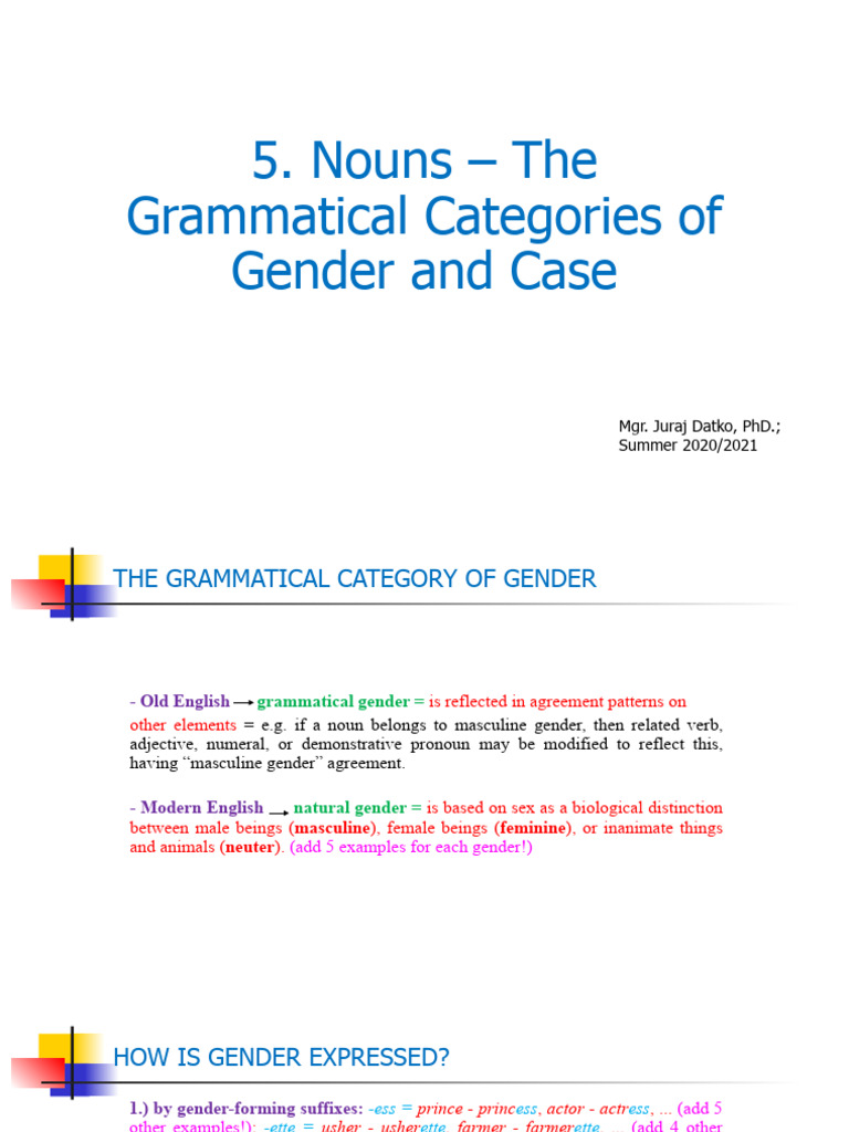 Nouns - The Grammatical Categories of Gender and Case | PDF | Grammatical Gender | Linguistic ...