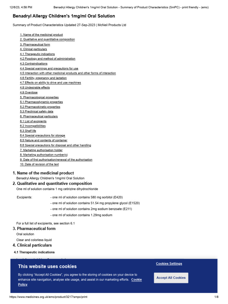 Benadryl Allergy Children's 1mg - ML Oral Solution - Summary of Product ... Benadryl Allergy Children's 1mg - ML Oral Solution - Summary of Product ...