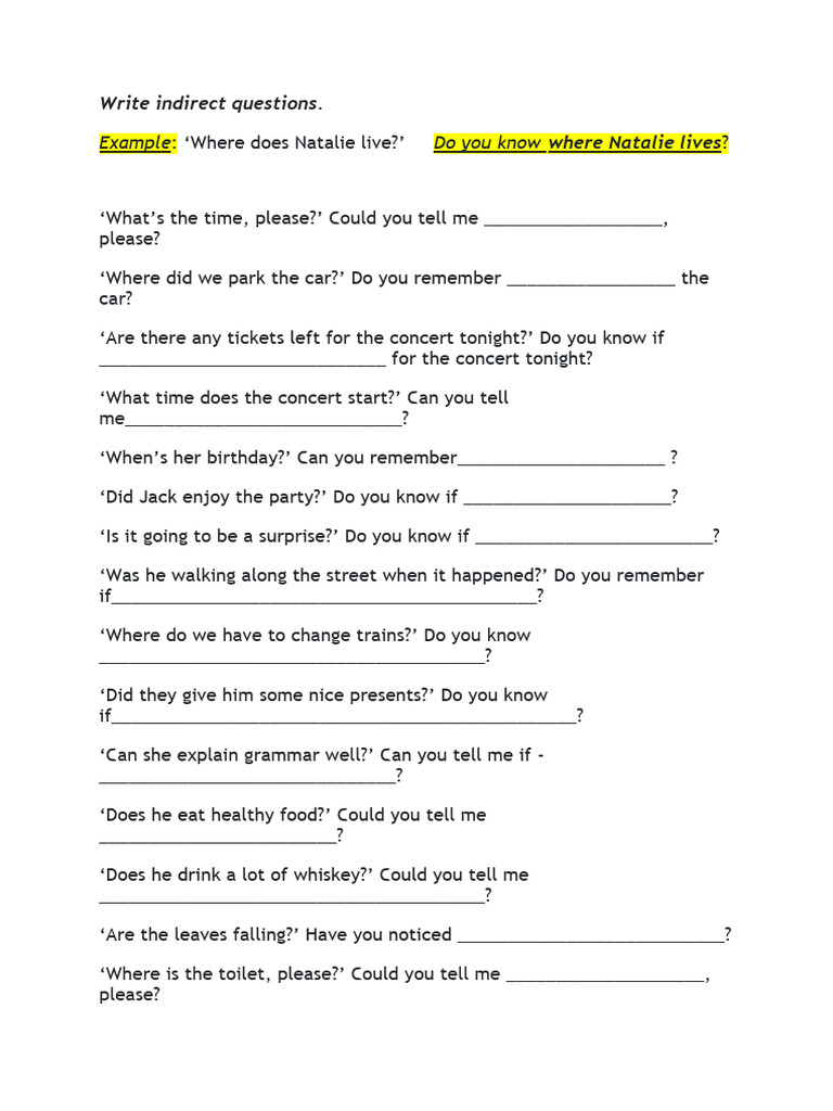 Indirect Questions Practice Worksheet | PDF
