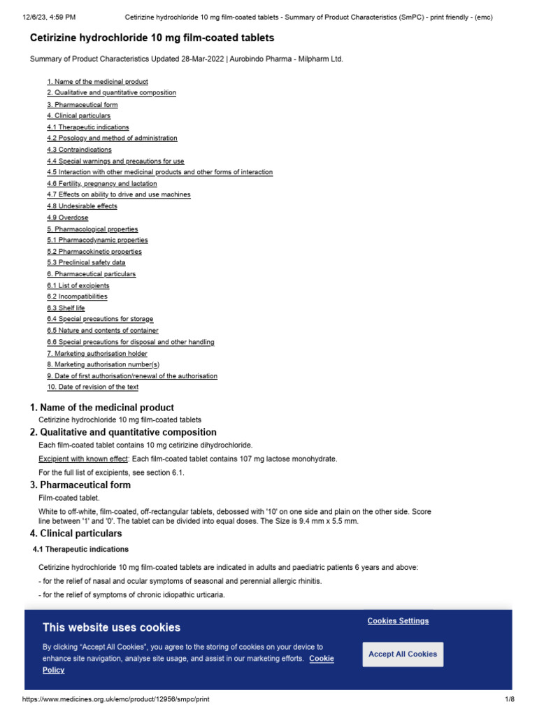 Cetirizine Hydrochloride 10 MG Film-Coated Tablets - Summary of Product ...