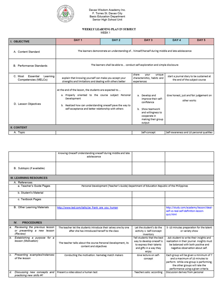 Weekly Learning Plan Template | Download Free PDF | Thought | Self Concept
