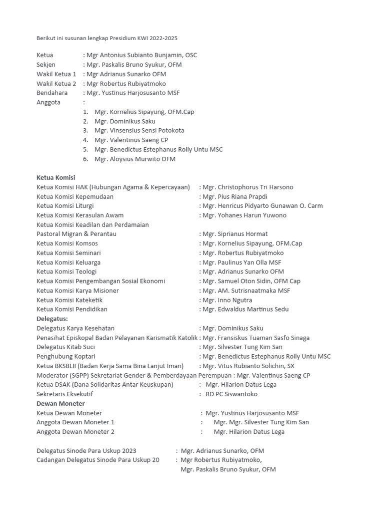 Berikut Ini Susunan Lengkap Presidium KWI 2022 | PDF