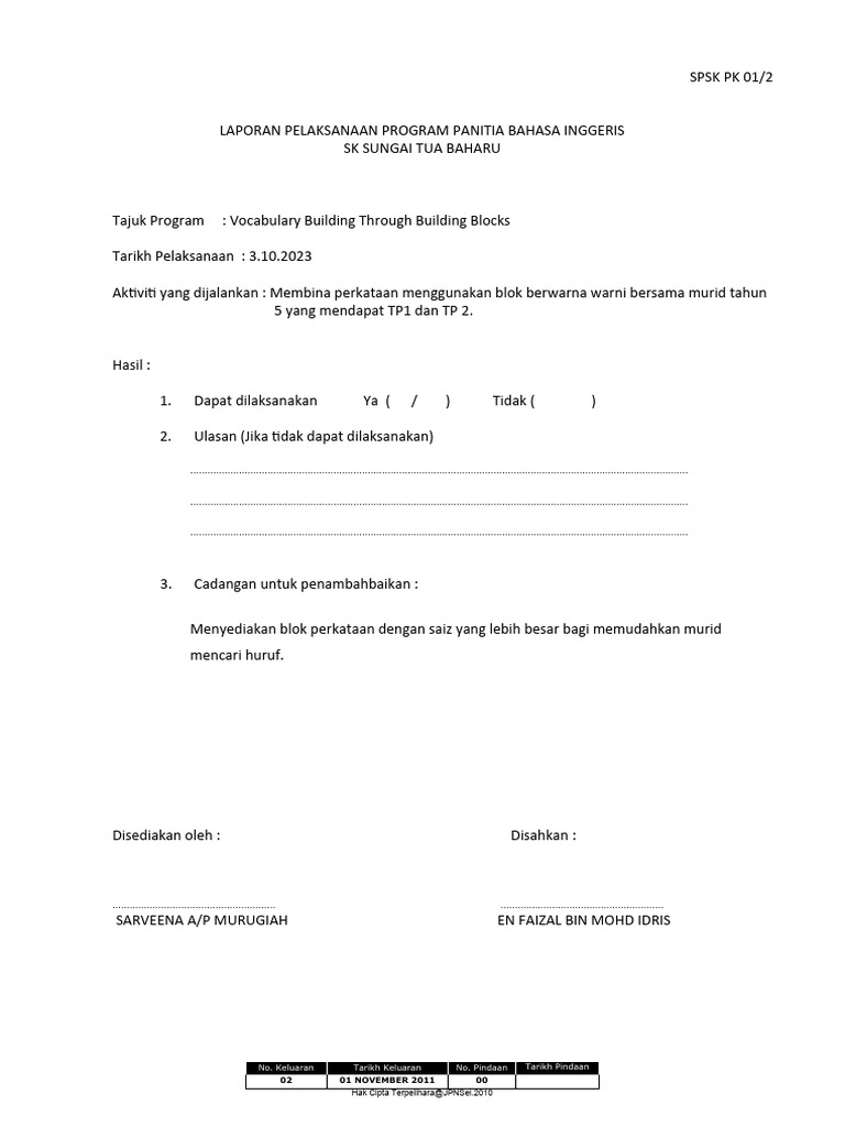 Borang PK 01 2 LAPORAN BUILDING BLOCKS | PDF