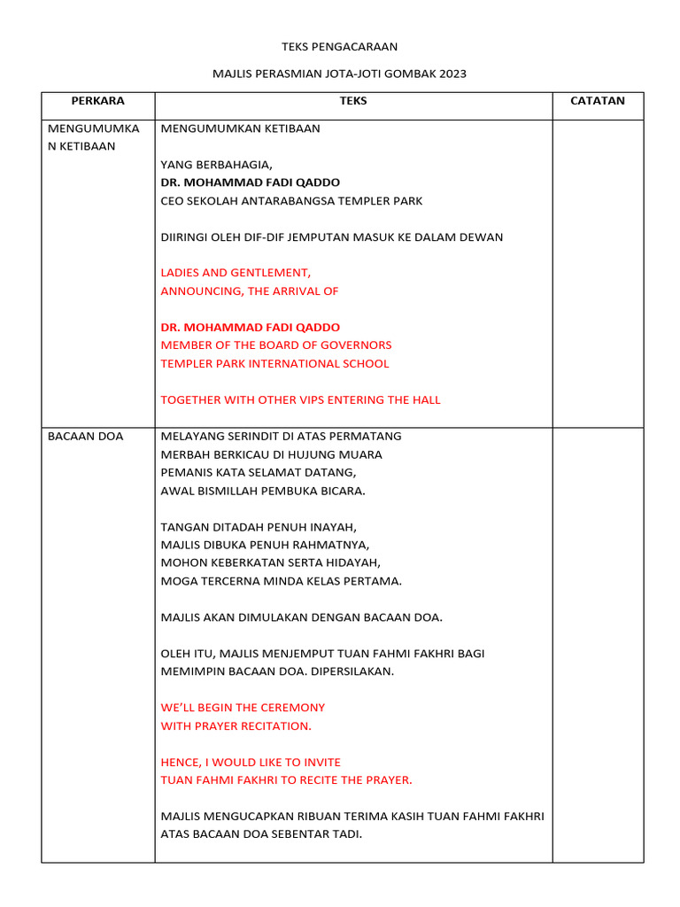 Teks Pengacaraan Jota Joti 2023 - English | PDF
