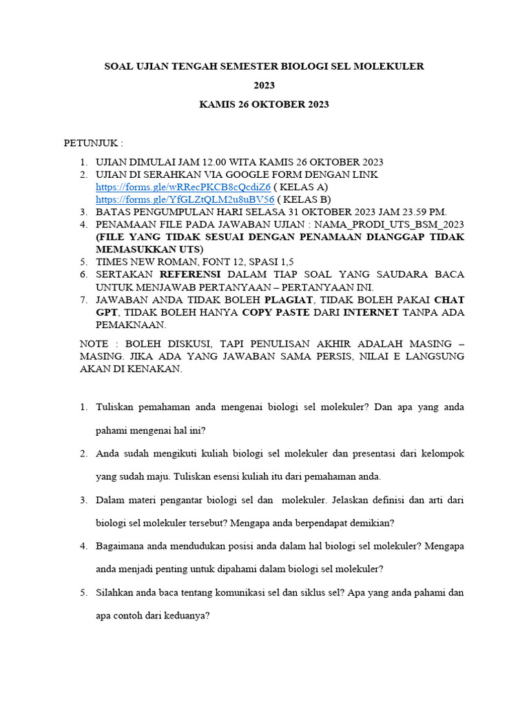 Soal Ujian Tengah Semester Biologi Sel Molekuler 2023 | PDF | Sains & Matematika | Komputer