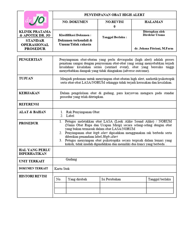 SOP Penyimpanan Obat High Alert | PDF | Kesehatan Holistik