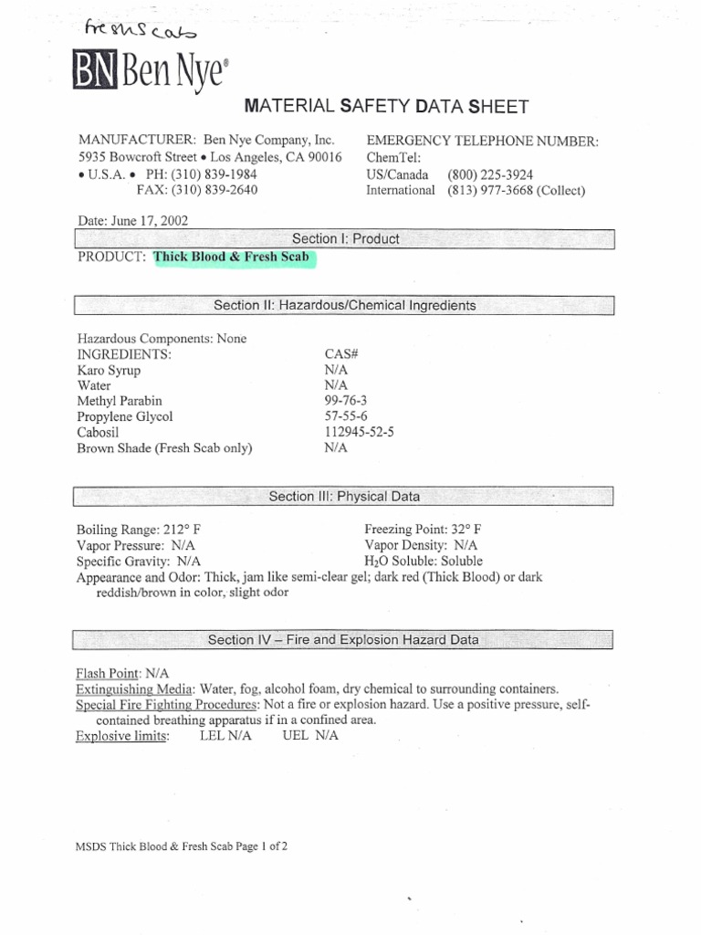 Ben Nye Fresh Scab Msds | PDF | Chemical Substances | Chemistry