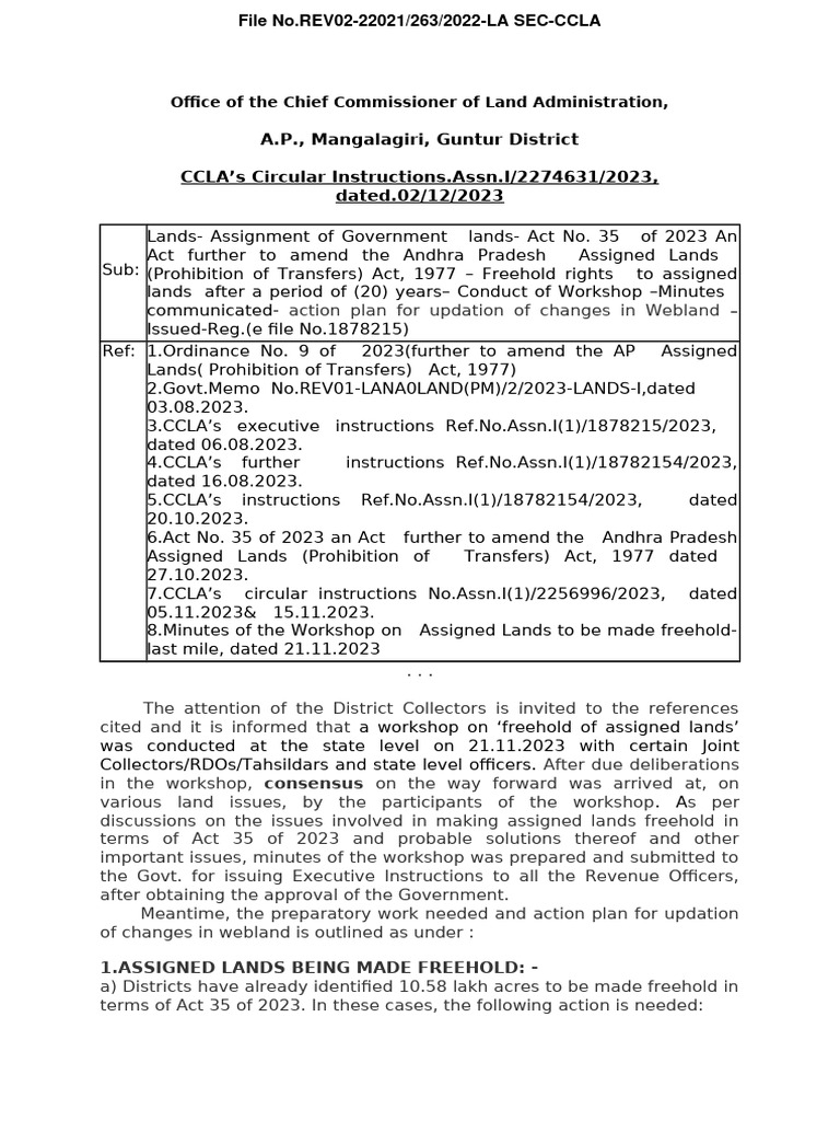 Circular On Action Plan For Updation of Changes in Webland For Freehold of Assigned Lands | PDF ...