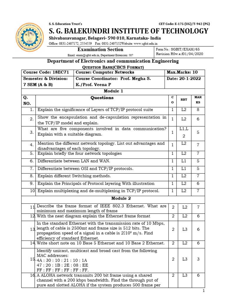 CCN Question Bank Final | PDF | Transmission Control Protocol | Ethernet