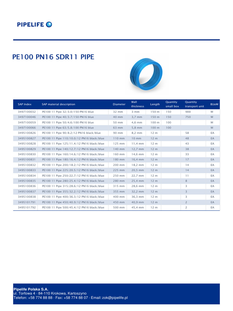 PE100 PN16 SDR11 Pipe Specifications | PDF | Pipe (Fluid Conveyance ...
