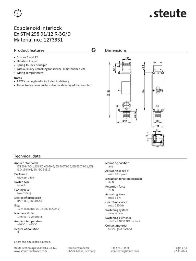 Ex Solenoid Interlock Ex STM 298 01/12 R-3G/D Material No.: 1273831 | PDF | Electrical Wiring ...