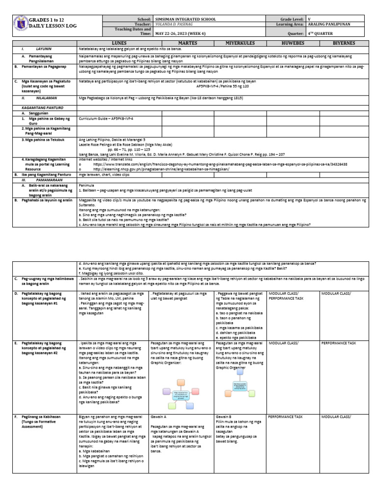 Grade 5 DLL Araling Panlipunan 5 Q4 Week 4 | PDF