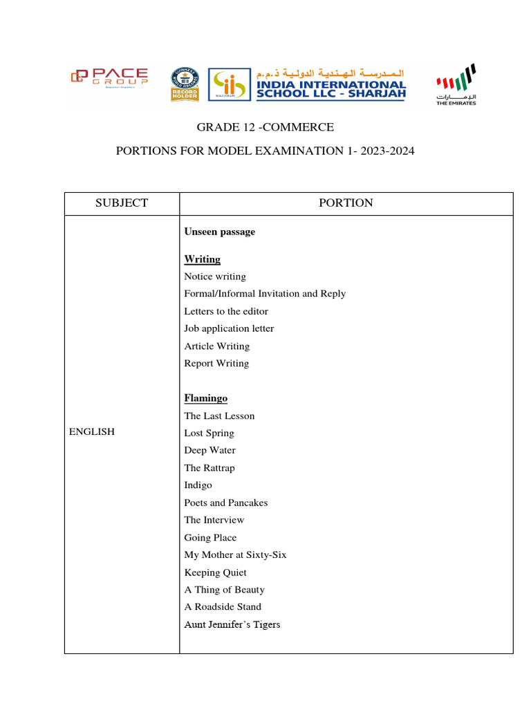 Grade 12 Commerce - Portions For Model Examination 1 - 2023-2024 | PDF ...