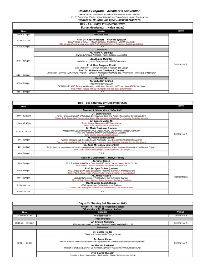 Final (30-11-2023) - Detailed Program - Architects Convention - IAPEX LC 2023 | PDF