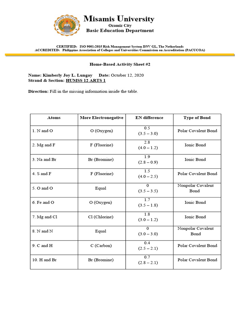 Chemistry Bonding Worksheet | PDF | Chemical Polarity | Chemical Bond