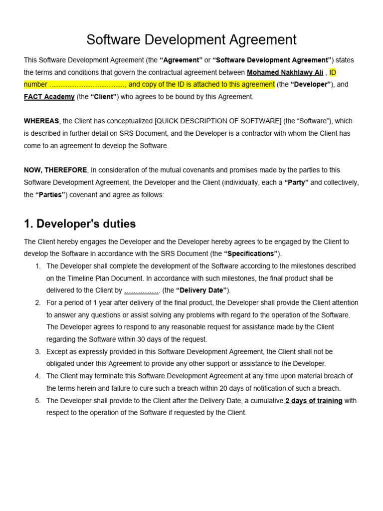 Software Development Agreement | PDF | Breach Of Contract | Private Law