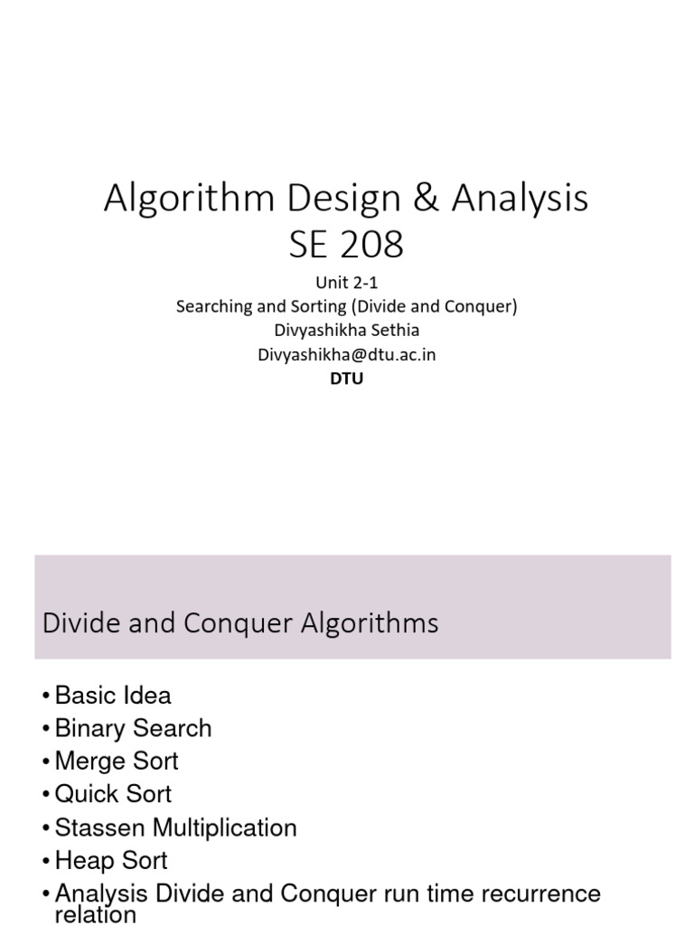 Unit2 1DivideNConquerRecurrence | PDF | Mathematical Logic | Applied Mathematics