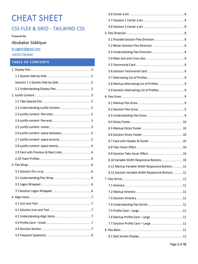 Cheat Sheet CSS Flex & Grid - Tailwind CSS by Abubakar | PDF | Page Layout | Web Development