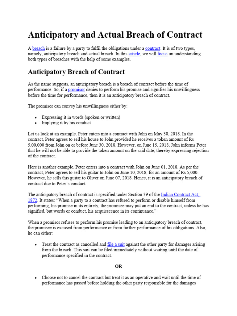 Anticipatory and Actual Breach of Contract | PDF | Breach Of Contract ...