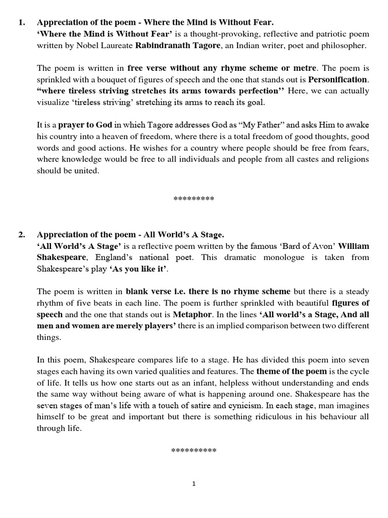 10 Appreciation of The Poems - 5 Marks | PDF | Poetry