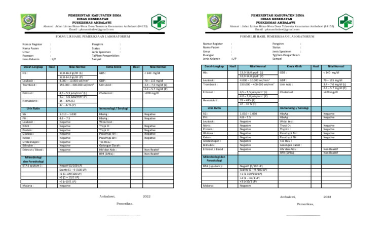 FORMULIR HASIL PEMERIKSAAN LABORATORIUM Akreditasi | PDF