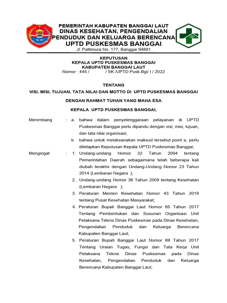 A. SK Tentang Visi, Misi, Tujuan, Tata Nilai | PDF