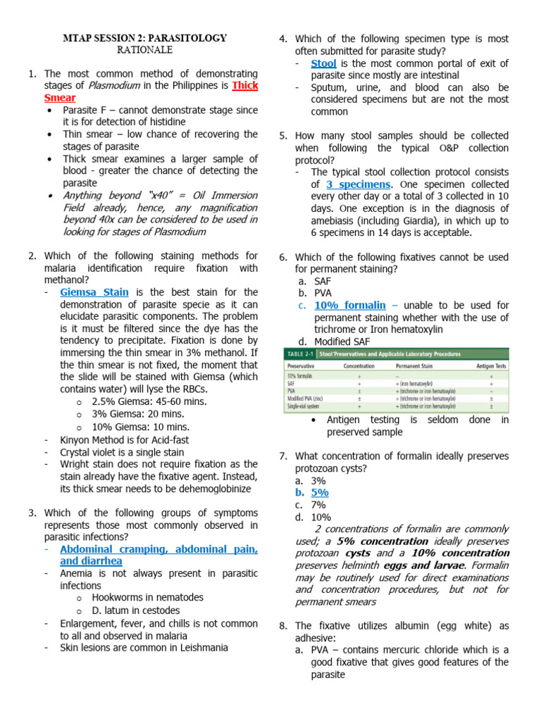 Mtap Session 2 - Parasitology | PDF | Staining | Plasmodium