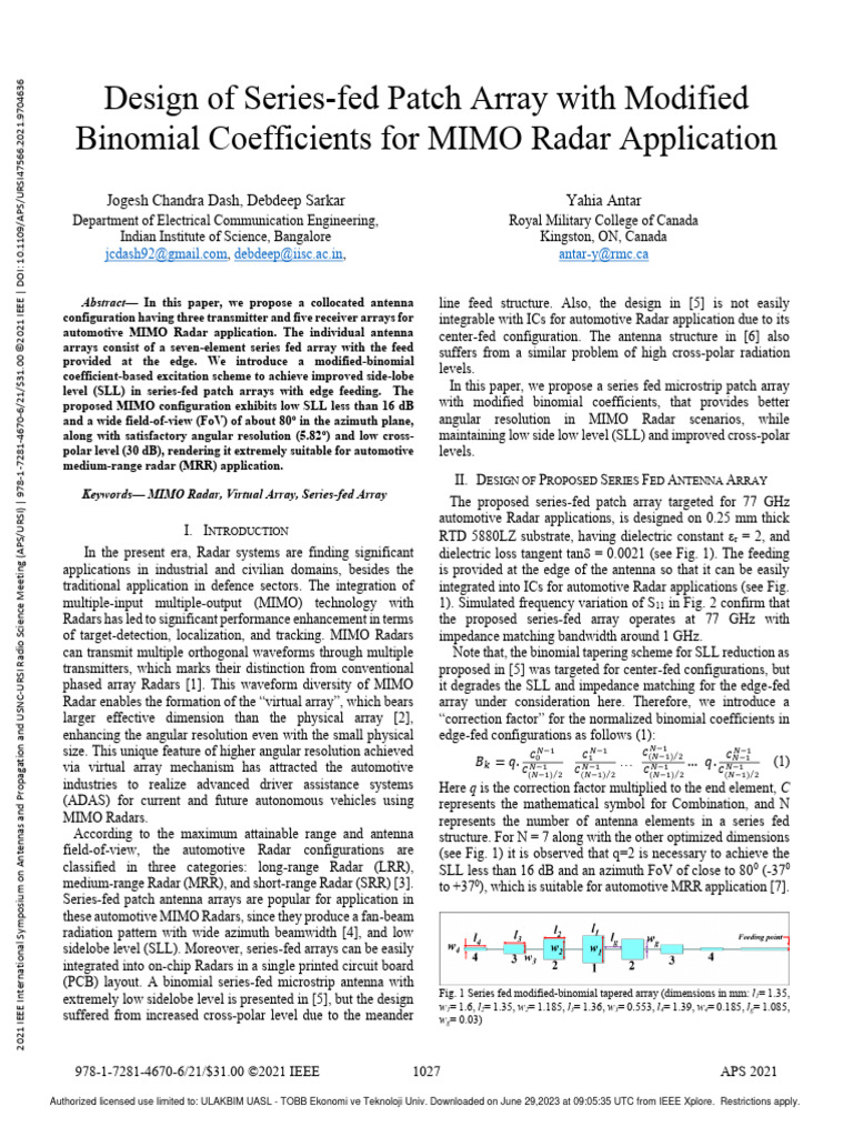 Design of Series - Fed Patch Array With Modified Binomial Coefficients ...