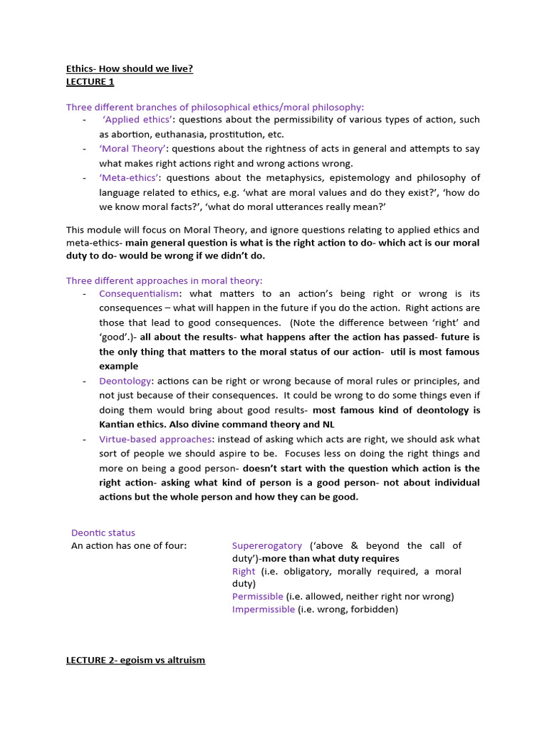 Ethics Notes | PDF | Psychological Egoism | Virtue Ethics