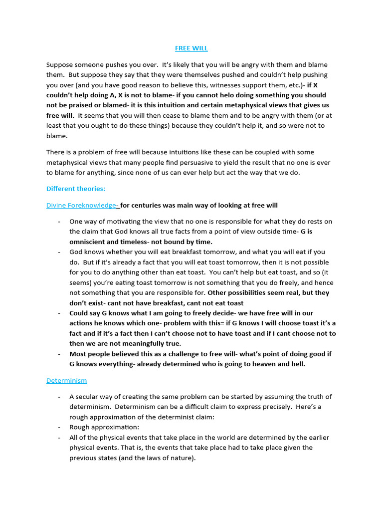Free Will Notes | PDF | Free Will | Determinism