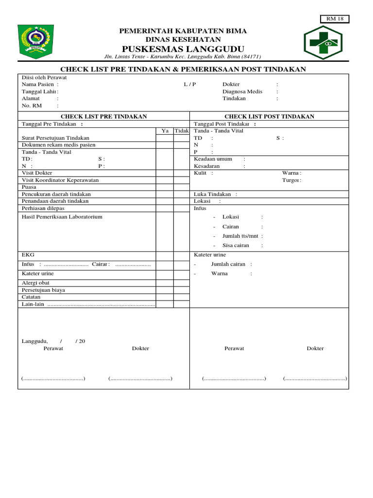 RM 19 Check List Pre Post Tindakan | PDF