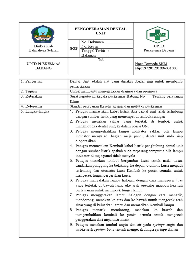 SOP Pengoperasian Dental Unit Puskesmas | PDF