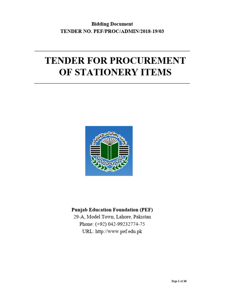 Tender For Procurement of Stationery Items: Bidding Document TENDER NO ...