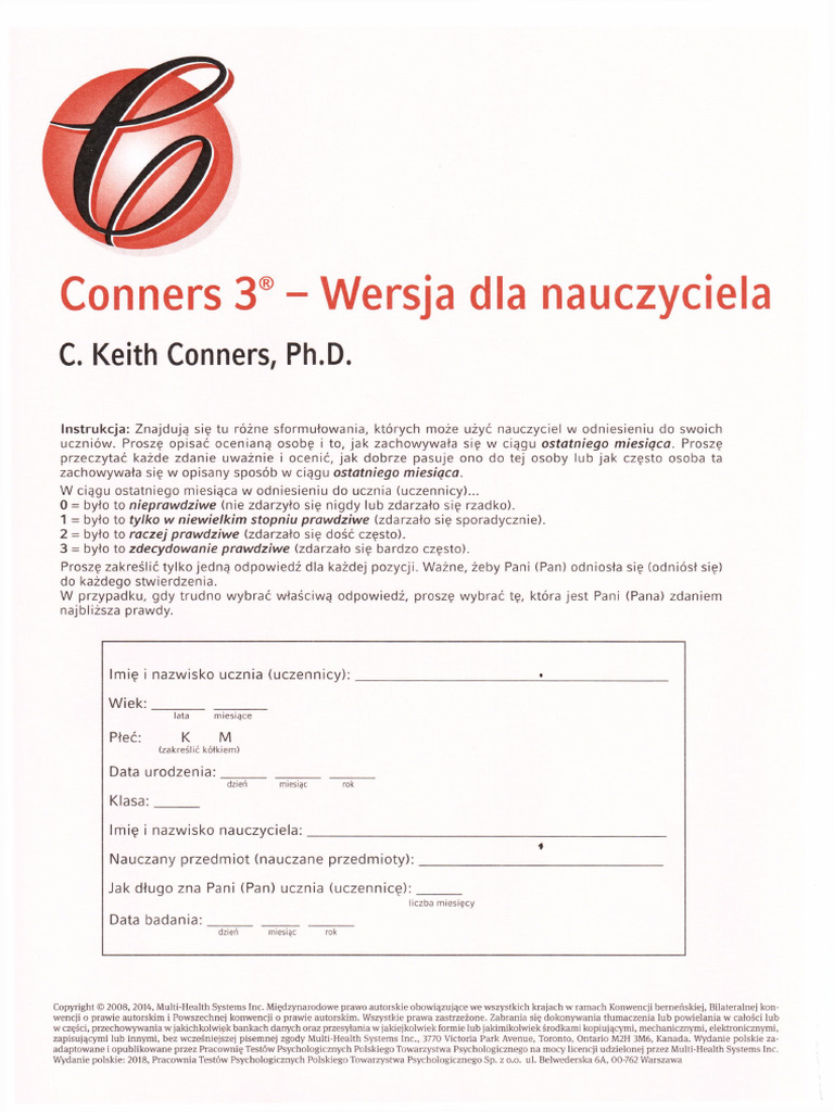Conners 3 - Wersja Dla Nauczyciela | PDF