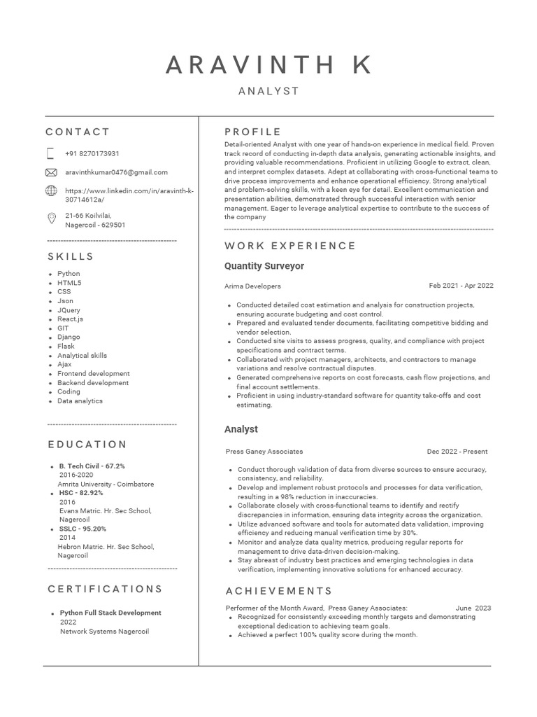Aravinth Resume | PDF | Data | Data Analysis